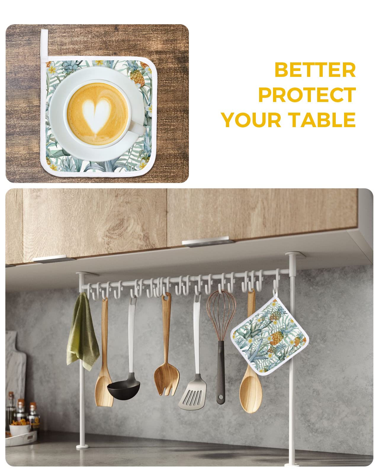 Pot Holders for Kitchen Watercolor Tropical Fruits Pineapple Leaf Set of 5 Potholders Heat Proof Non-Slip Oven Pot Holder Insulation Terry Cloth Hot Pad with Loop Rainforest Botanical