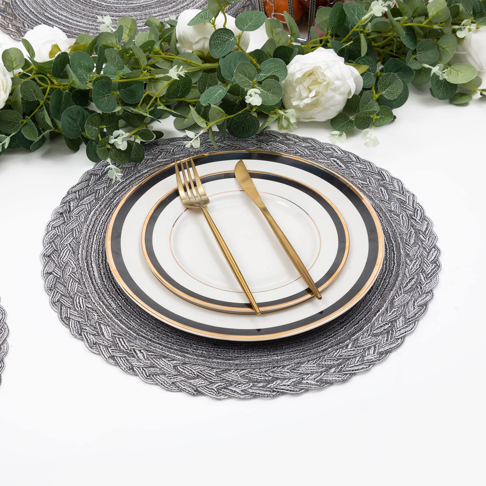 SHACOS Round Placemats Set of 6 Woven Round Table Mats 15 inch Braided Border Washable Cotton Polyester Circle Place Mats, Gray
