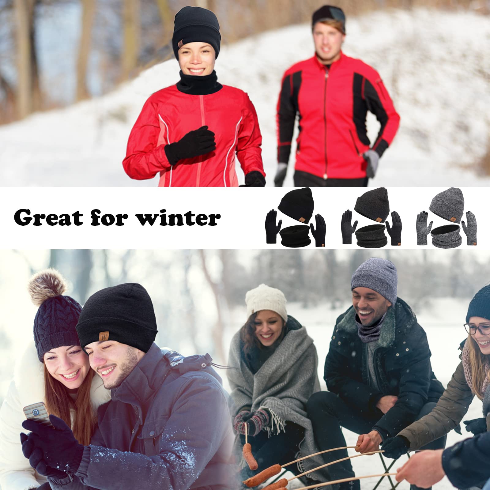 Mens Winter Hat Scarf Gloves 3 in 1, Fleece Lined Thick Warm Beanie Hats Set, Knit Slouchy Skull Caps (Black)