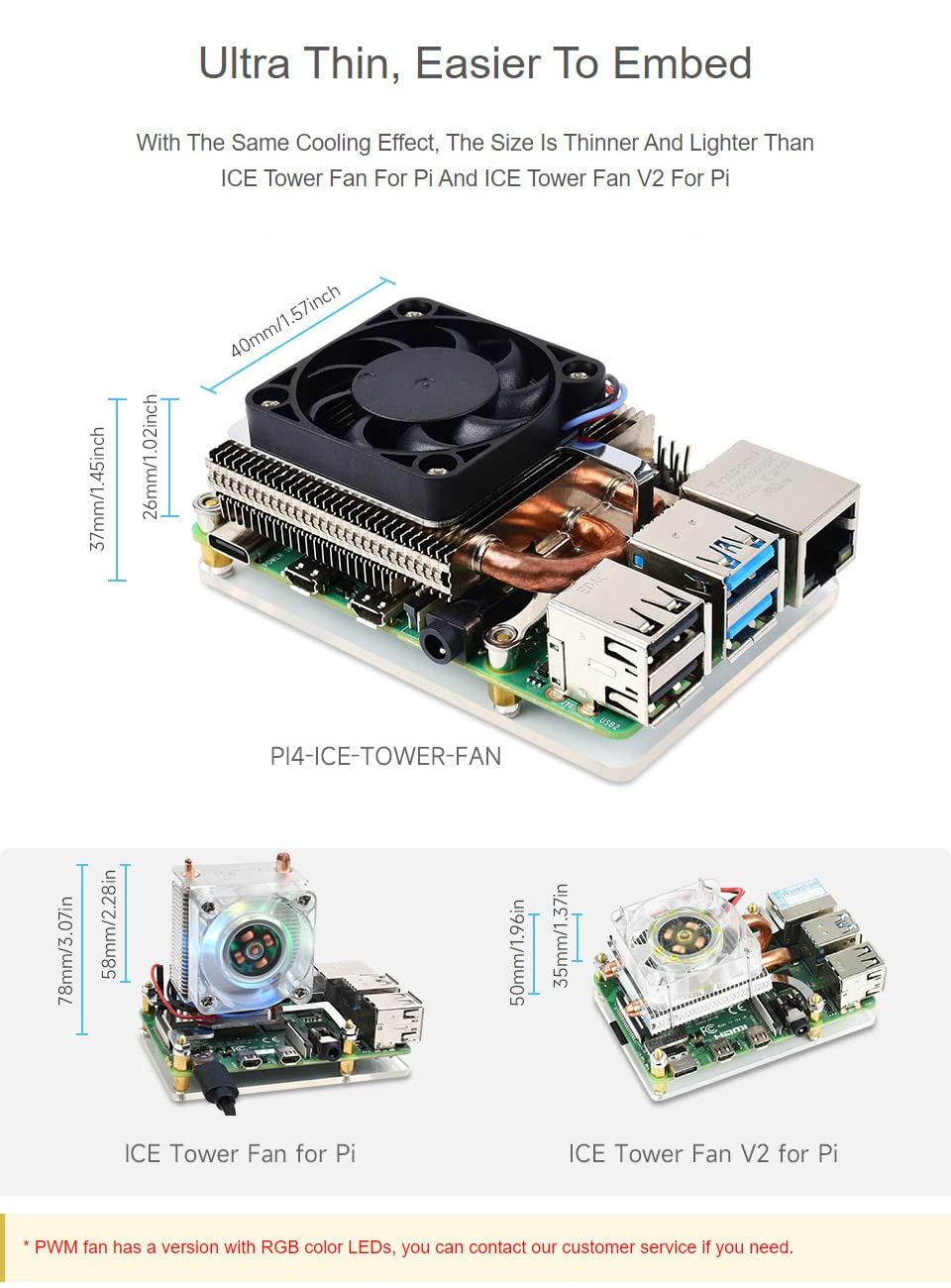 Waveshare Ultra Thin ICE Tower Cooling Fan Compatible with Raspberry Pi 4B 4.5mm Copper Tube Adjustable Speed Strong Heat Dissipation Comes with Fan Adapter and Pinheader