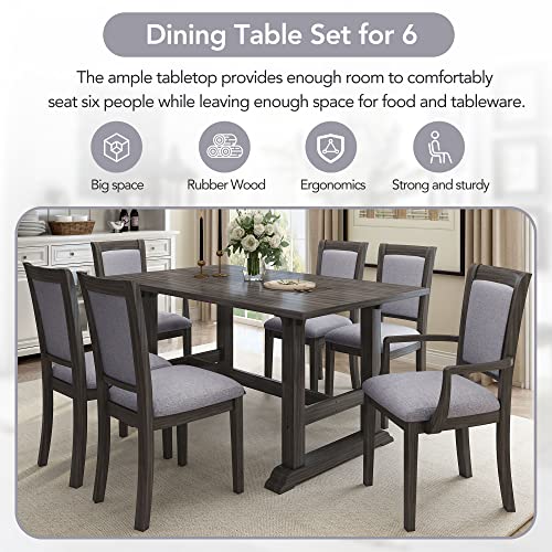 LUMISOL Rustic 7 Piece Dining Table Set with Chairs for 6 Persons Wooden Kitchen Dining Set Farmhouse Style 1 Trestle Dining Table and 4 Upholstered Side Chair and 2 Arm Chair