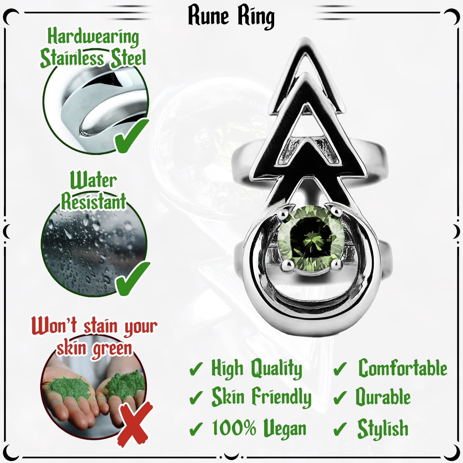 Rune Ring by Rogue+Wolf Gothic Y2K Jewelry Emo Goth Accessories, Cool Boho Alt Knuckle Chunky Ring Aesthetics, Non-Precious Metal, pale emerald synthetic spinel
