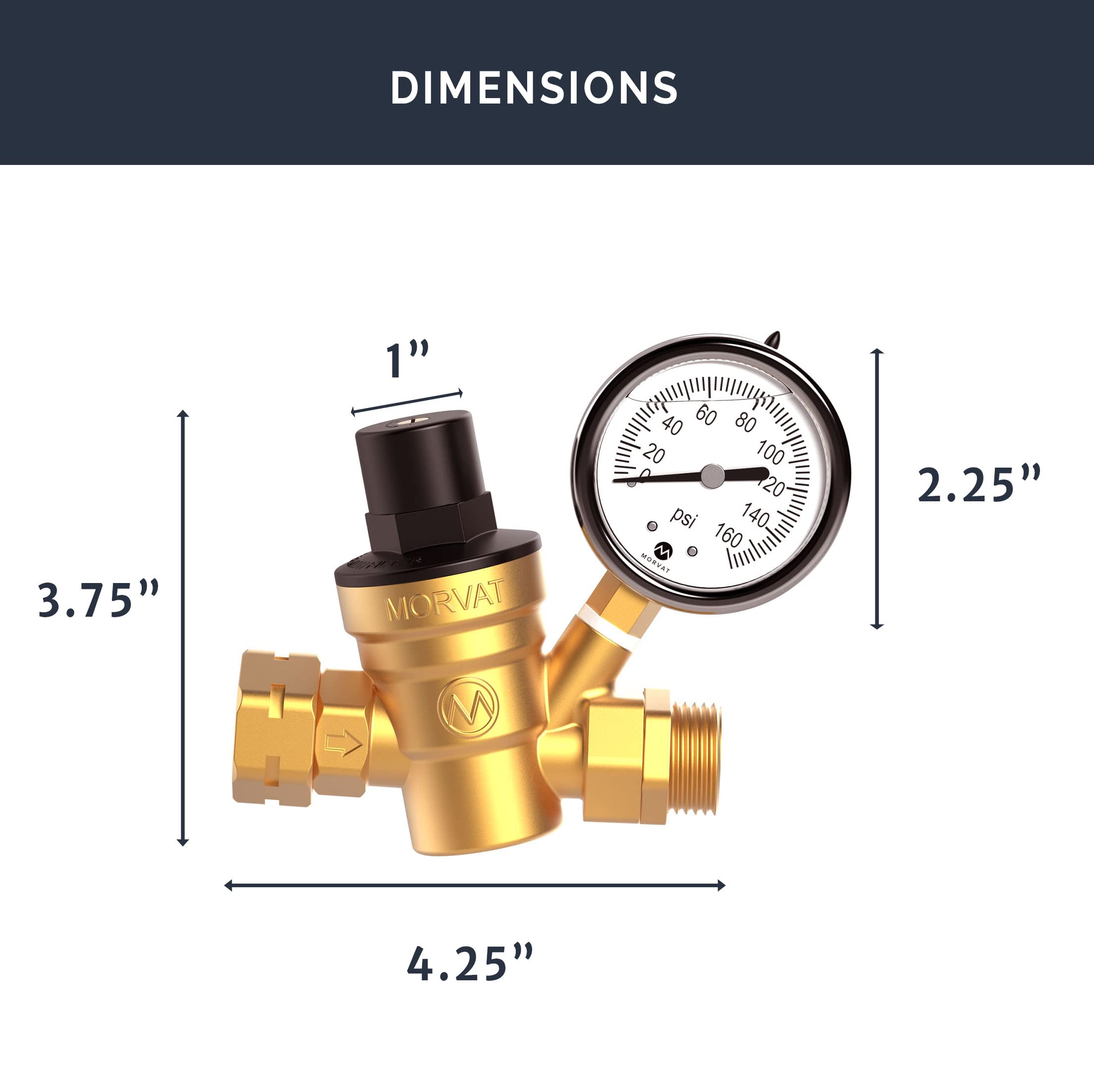 Morvat Premium Lead-Free Brass RV Water Pressure Regulator Adjustable Valve with Oil Filled Gauge for Camper, Includes Screwdriver, Roll Of Teflon Tape & 2 Extra Rubber Washers