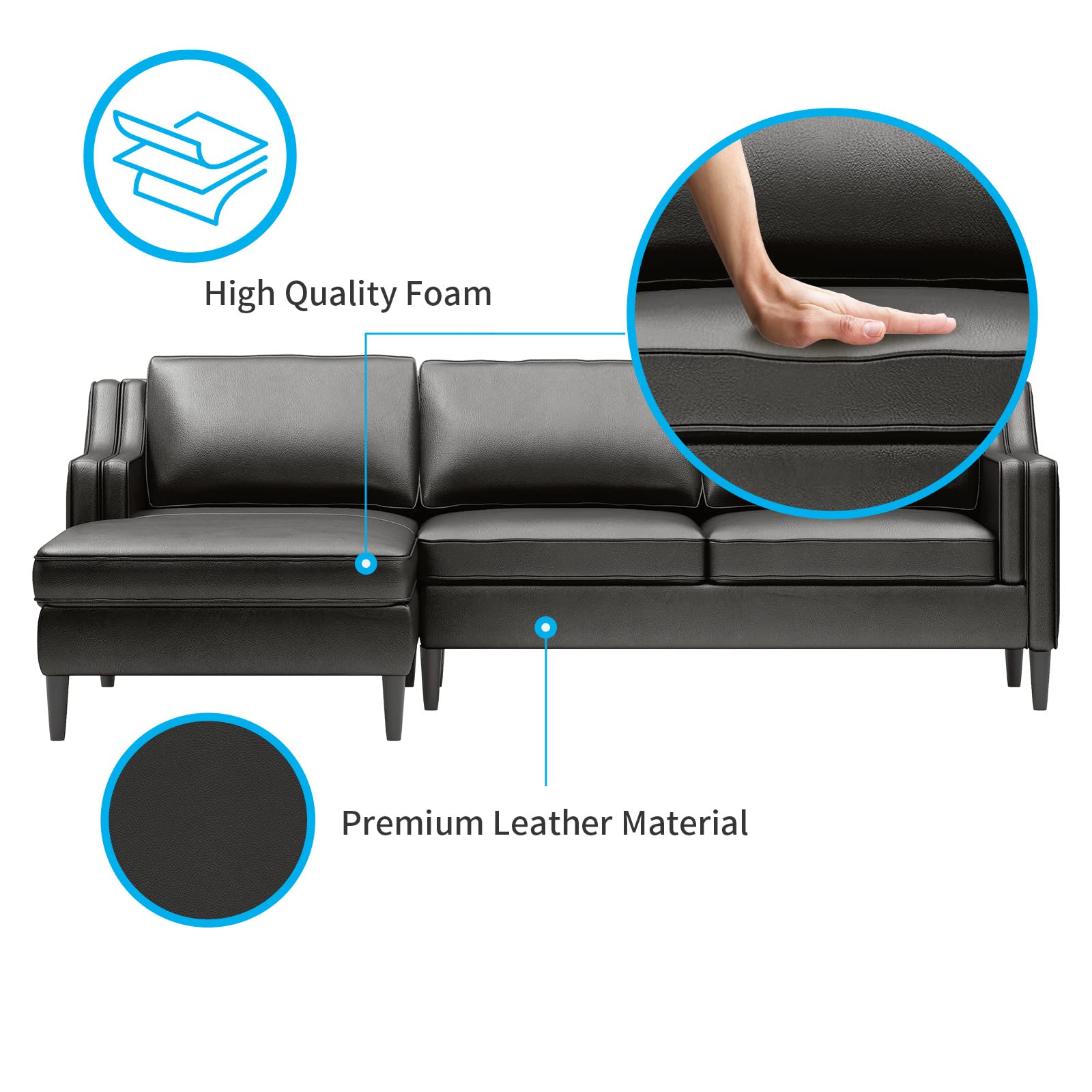 Mjkone Top Grain Leather Sectional Sofa couch, Luxurious Upholstered Couches with Left Facing Chaise, Modular Lounge & 2-Seater Couch Set for Living Room Apartment Office (Truffle)