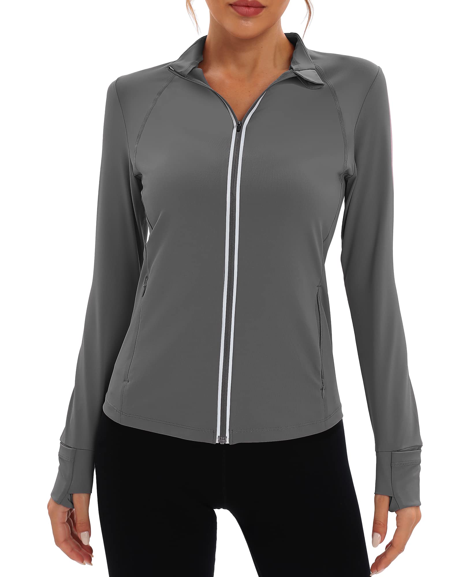 Runhit Athletic Zip Up Jacket Women upf 50 Lightweight Long Sleeve Compression Shirts Running Track Yoga Hiking Jacket With Pockets Black Medium