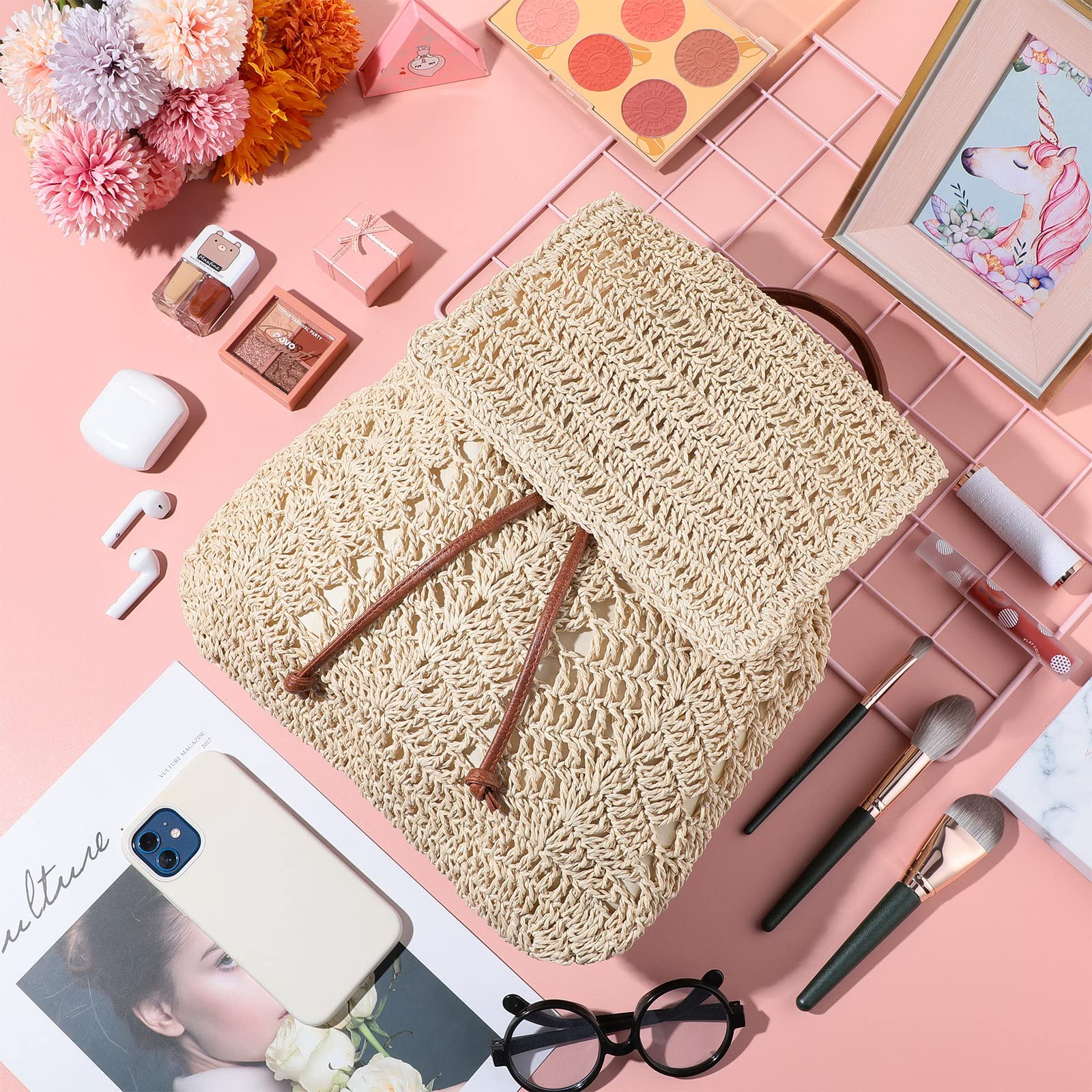 Saintrygo Women Straw Beach Handbag Backpack Boho Shoulder Handbag Casual Woven Backpack Hollow out Straw Beach Backpack for Summer (Beige)