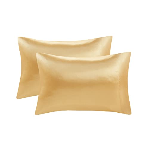 Madison Park Essentials Satin Sheets Queen Size, Luxurious Silky Satin Bed Sheets, Elastic 14" Pocket fits up to 16" Mattress, Wrinkle-Free, Soft Satin Bed Sheet Set, Gold 6 Piece