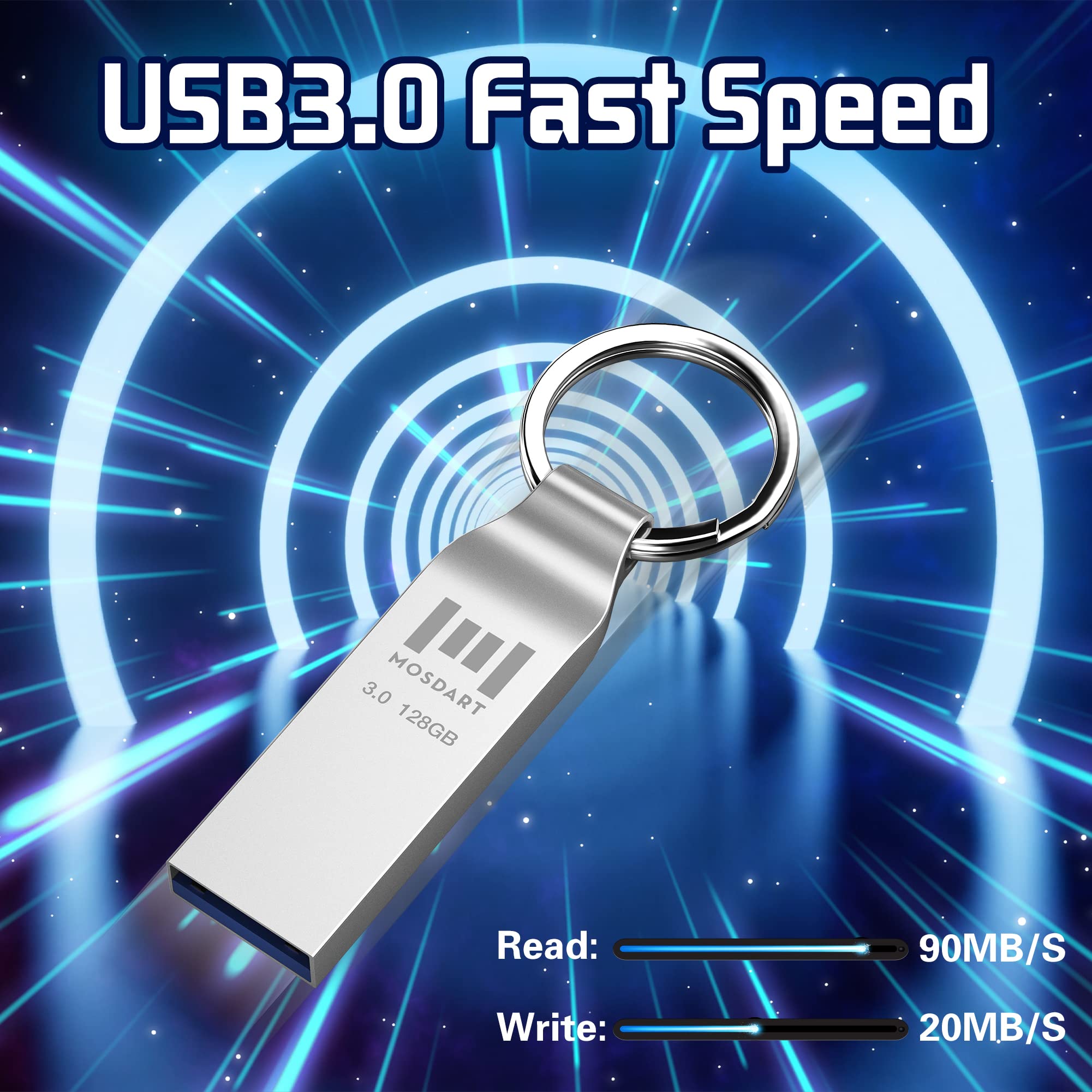 MOSDART 128GB USB 3.0 Flash Drive Metal Keychain Zip Drive Up to 90MB/s Fast Speed USB3.0 Thumb Drive,128 GB Waterproof Jump Drive USB Memory Stick,Silver