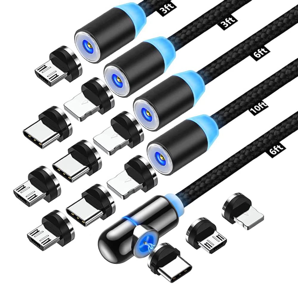 NKV Magnetic Charging Cable (5-Pack 3/3/6/6/10ft), Nylon Braided Magnetic Charger with Led Light, 90° Angle Connector, Nylon-Braided Cords Black