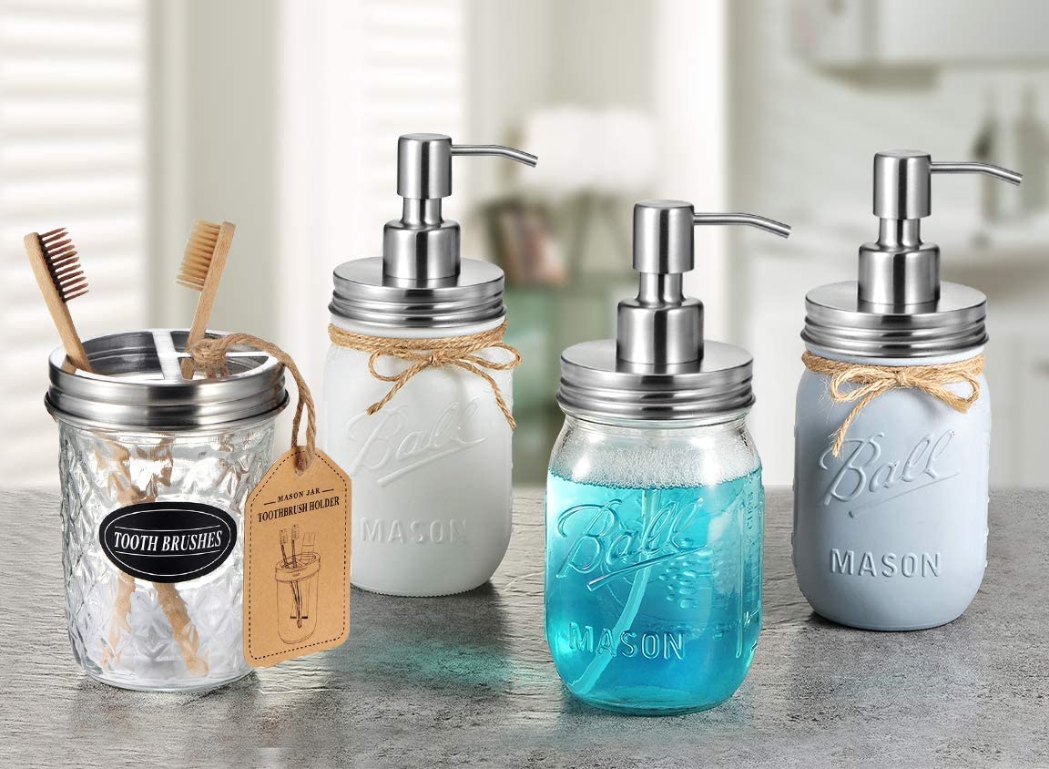 Mason Jar Liquid Soap Dispenser Lids - 304 Stainless Steel Pumps & Lids for 16oz Regular Mouth Mason Jar-Rustic/Farmhouse Decor, for Hand Soap,Dish Soap, Lotions/Brushed Nickel-6 Pack, 2 Long Tubes