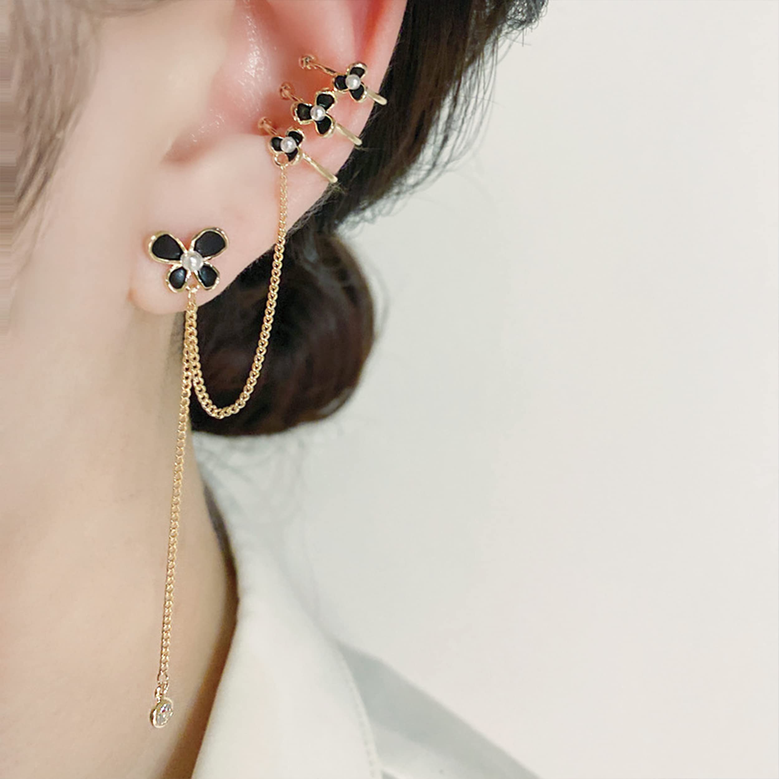 Sonateomber Gold Ear Cuff Star Dangle Long Chain Drop Earrings for Women Jewelry Gifts