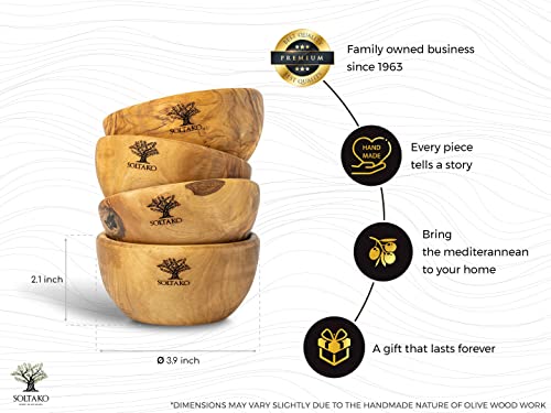 SOLTAKO 4 small dip bowls set - olive wood tapas bowls - small Mediterranean bowl for olives & BBQ sauces - dip bowl for charcuterie boards - charcuterie accessory - Ø 4"