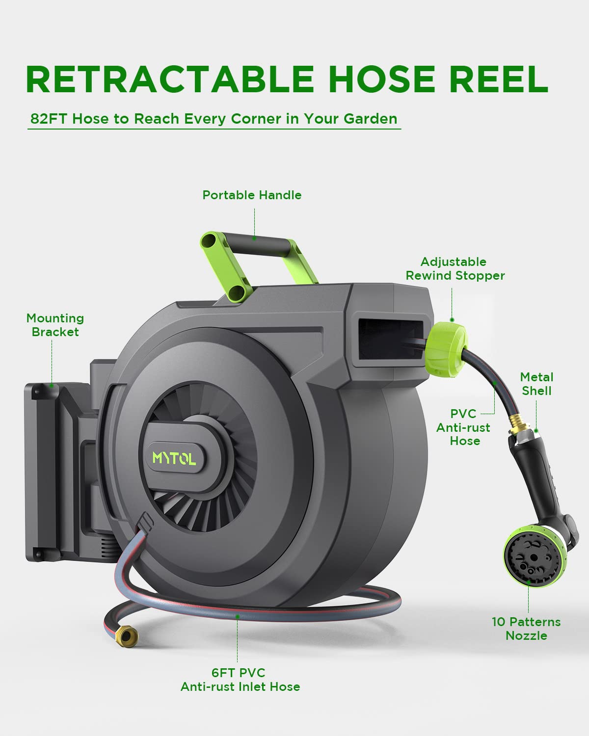 MYTOL Retractable Garden Hose Reel, 5/8 Inch x 82 ft + 6 ft Wall Mounted Water Hose Reel with Auto Slow Rewind System, 10-Pattern Nozzle, Any Length Lock, 180° Swivel Bracket, Ideal for Easy Watering