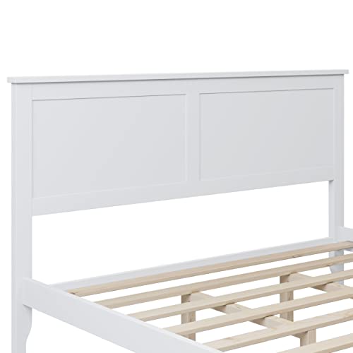 MegaChunk Modern White Solid Wood Queen Platform Bed, Pine Wood Construction, High Load Capacity, Compatible with Adjustable Beds, No Box Spring Required, Queen Size, White