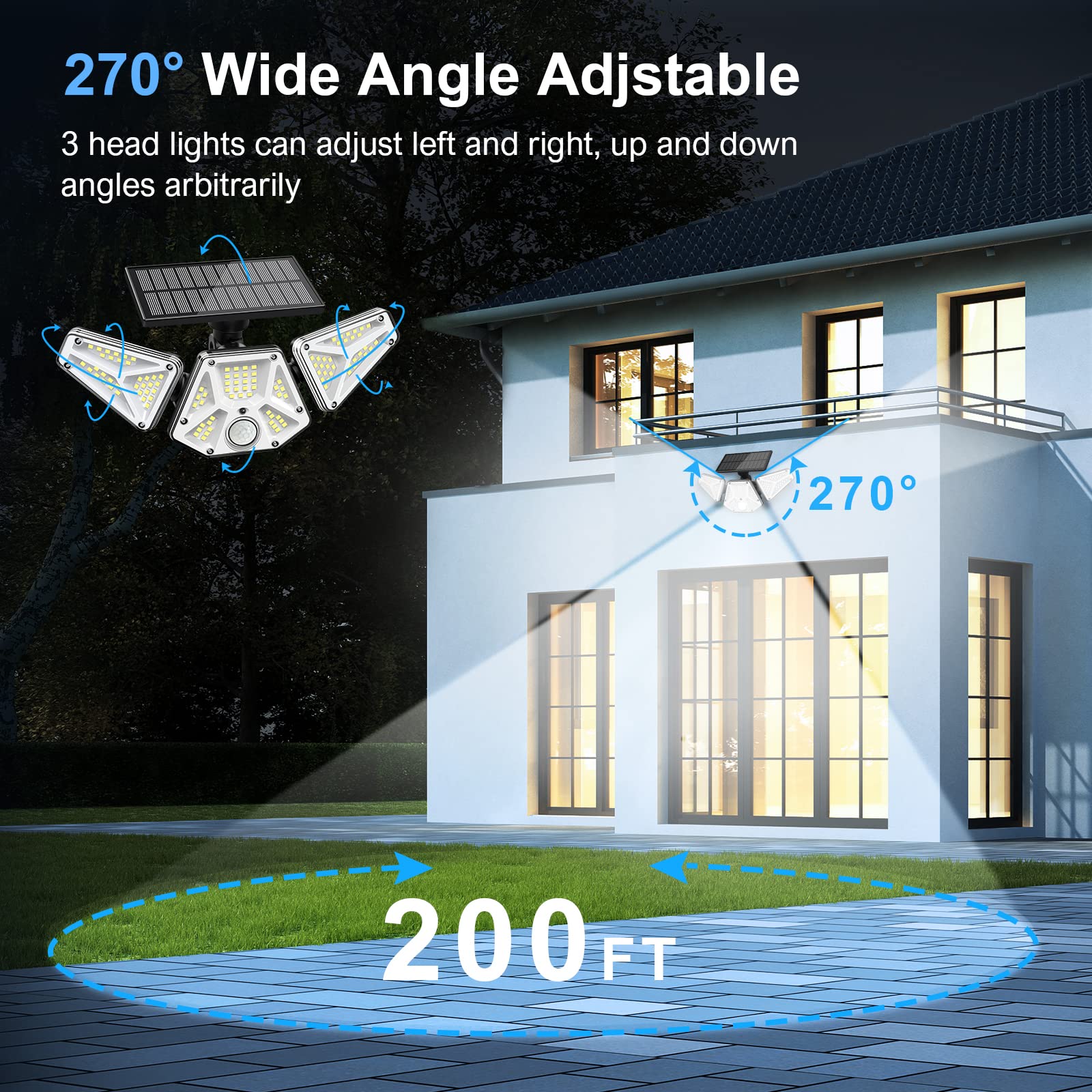 QUNCWL Solar Motion Sensor Light Outdoor - 2000LM Flood Lighting Powered Security Light - Bright Adjustable 3-Head Solar LED Lights IP65 Waterproof with Remote for Outside Garage Yard