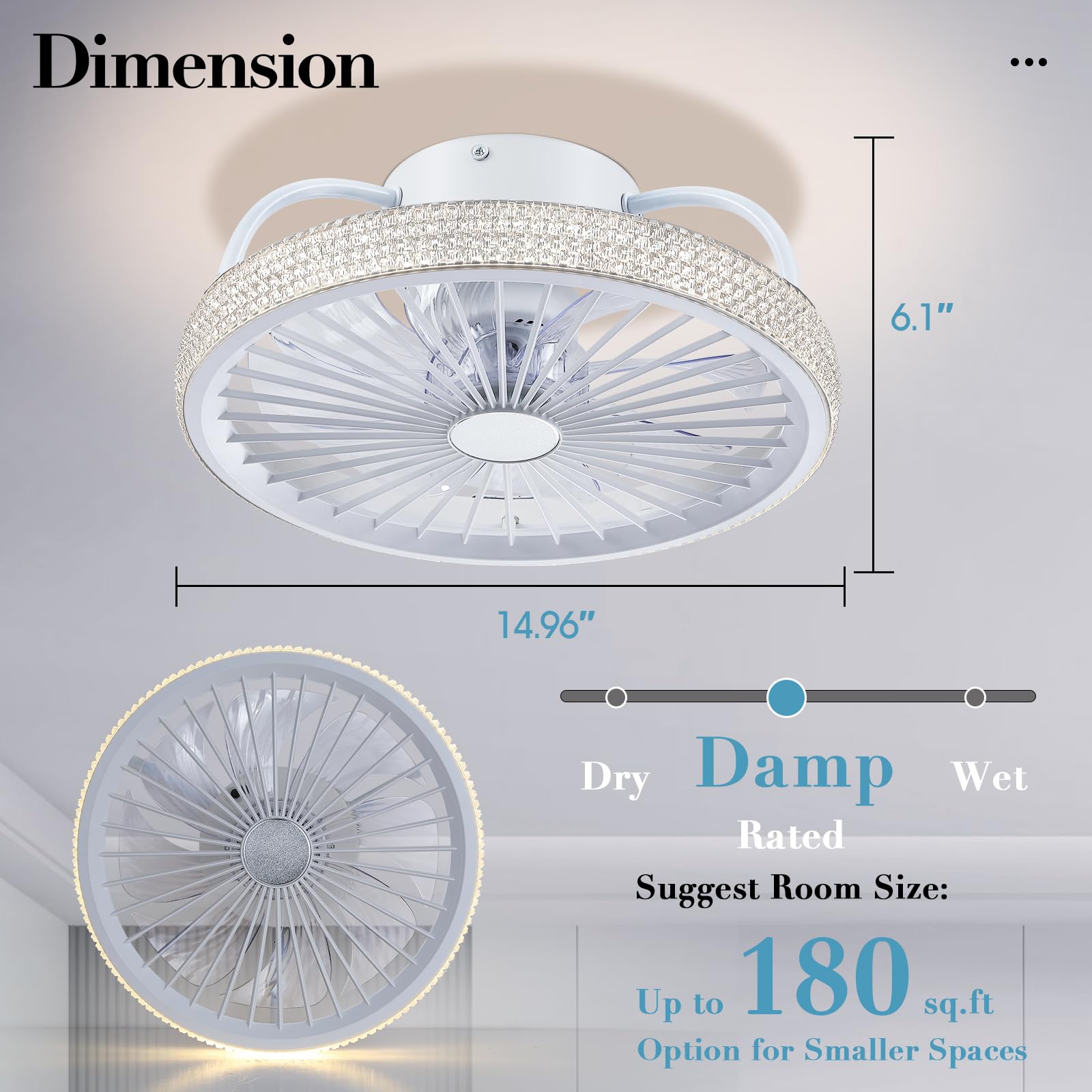 MADSHNE Low Profile Flush Mount Ceiling Fans with Lights and Remote,15'' Small Modern Enclosed Bladeless Ceiling Fans, Mini White LED Ceiling Lighting Fixture