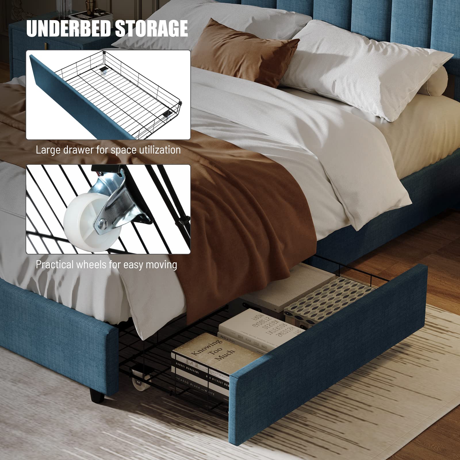 MegaChunk Queen Size Platform Bed with 2 Drawers and Adjustable Upholstered Stitched Padded Headboard, Rivets Design, Strong Slats System, Linen Upholstery, No Box Spring Needed, Blue