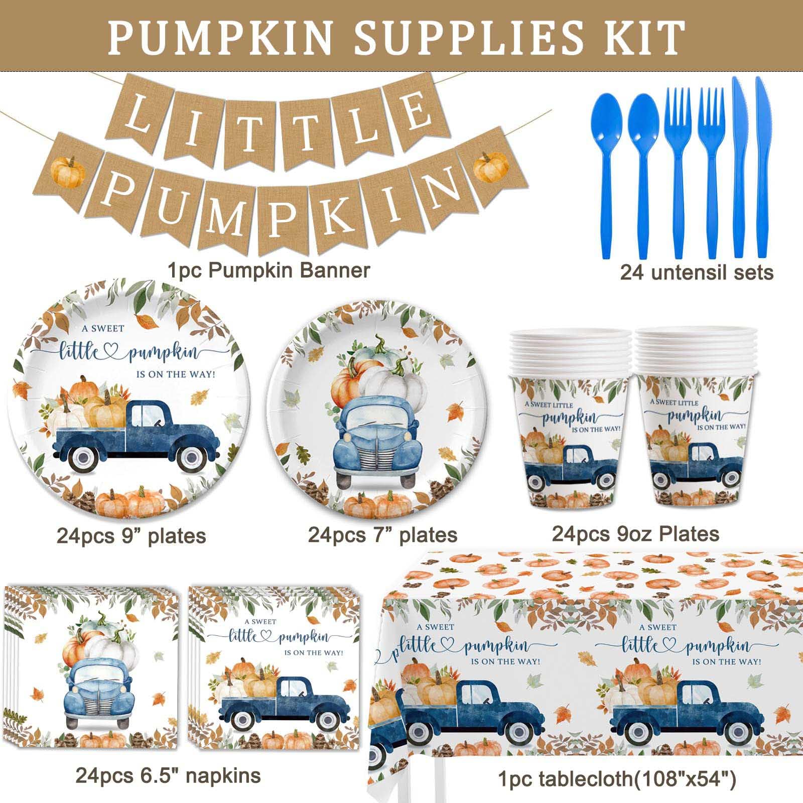 Yuzioey 177pcs Pumpkin Baby Shower Decorations, A Little Pumpkin is On The Way, Fall Pumpkin Disposable Dinnerware (Serve 25 Guests)with Paper Plates Cups Napkins, Banner Tablecloth