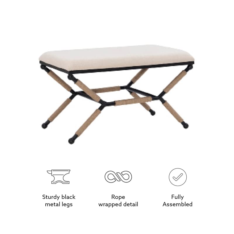 Linon Anna Campaign Accent Bench Black Metal Legs with Rope Detail in Cream