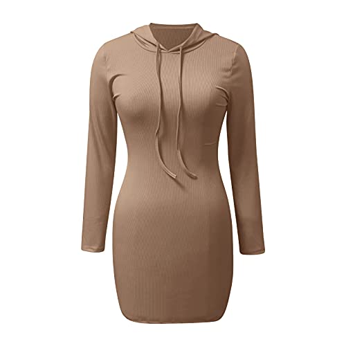 Slim Knitted Hoodie Dress for Women Drawstring Solid Color Long Sleeve Casual Ribbed Mini Dress Brown