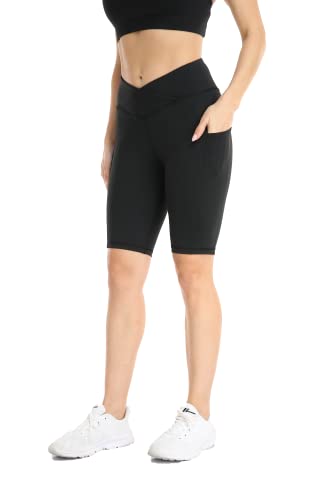 RAYPOSE Womens Running Athletic Biker Shorts with Pockets Cross Waist Plus Size Hiking Lounge Summer Casual 8" Black-L