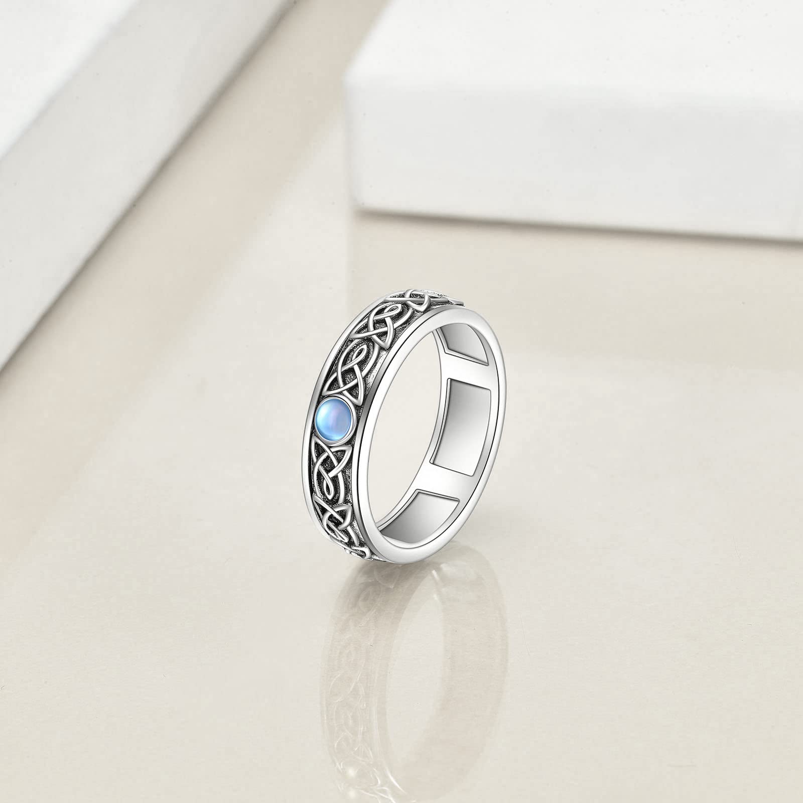 POPLYKE Sterling Silver Anxiety Spinner Rings Moonstone Celtic Ring Rotatable Mood Rings for Women Men Relieve Stress Gift(9 Size)