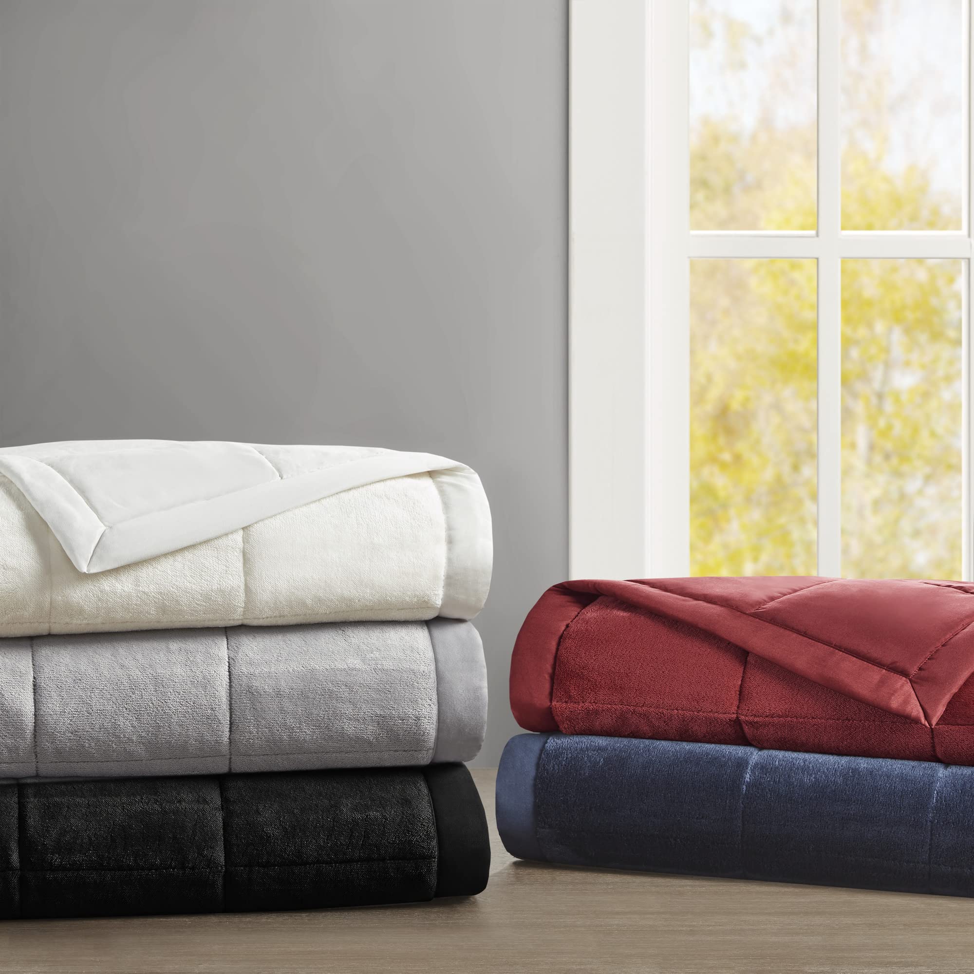 Madison Park Queen Cozy Blanket HeiQ Smart Temperature Plush to Microfiber Reverse Box Quilting, Reversible, Soft All Season, Lightweight Summer Cover, for Bed, Couch and Sofa, Full/Queen, Grey