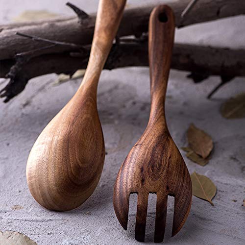 MABSSI Wooden Soup Spoons/Salad Fork for Eating Mixing, Long Handle Spoon Fork Kitchen Utensil Table Spoon Fork (Size : Fork)