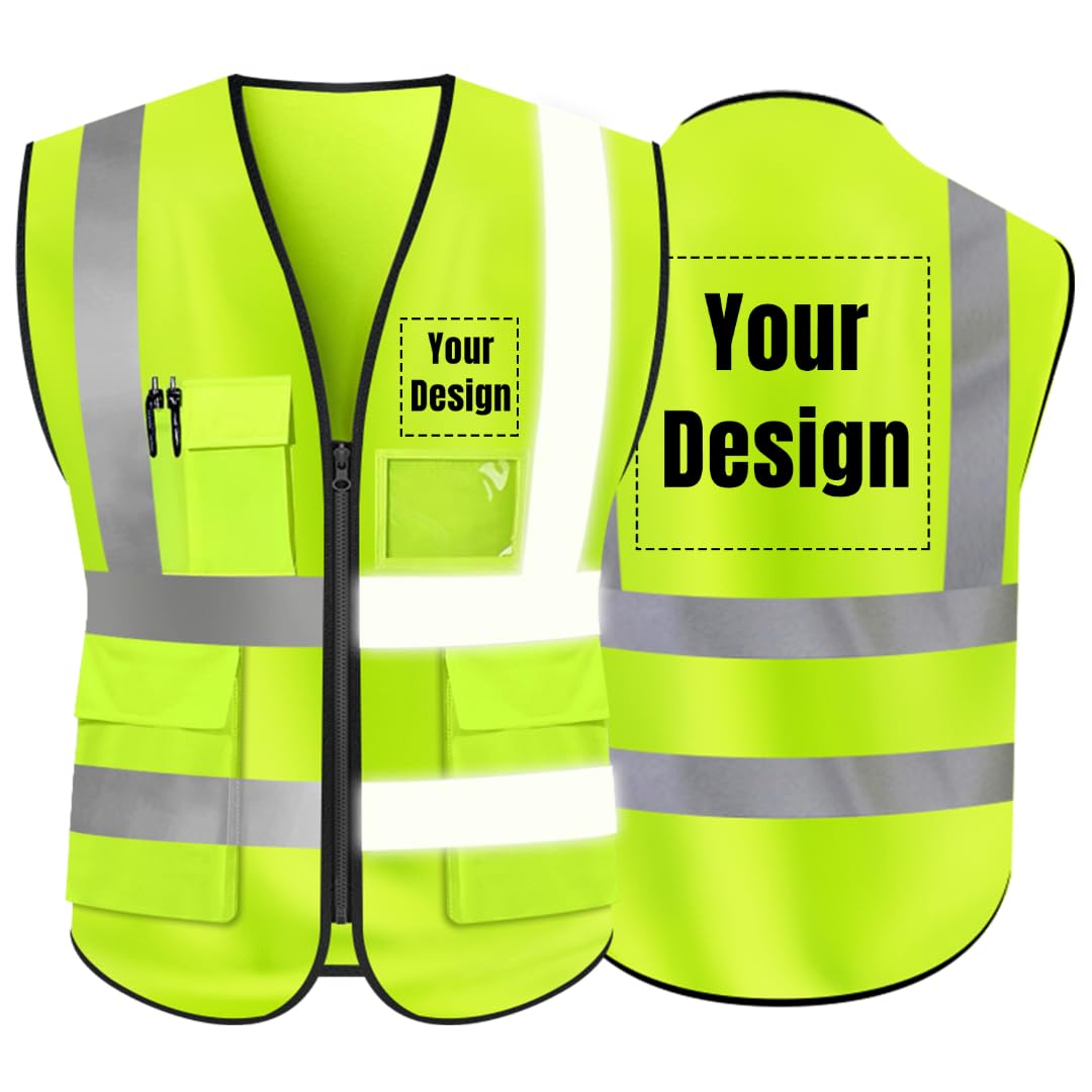 YOWESHOP High Visibility Safety Vest Custom Your Logo Protective Workwear 5 Pockets With Reflective Strips Outdoor Work Vest (Neon Yellow XL)