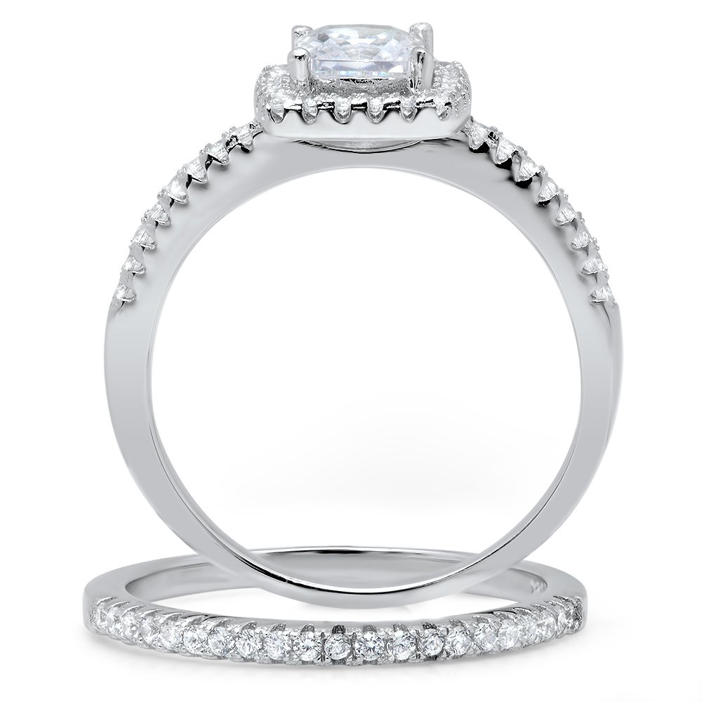 Metal Factory 925 Sterling Silver Cushion Cubic Zirconia CZ 2Pc Halo Wedding Engagement Ring Set Sz 7