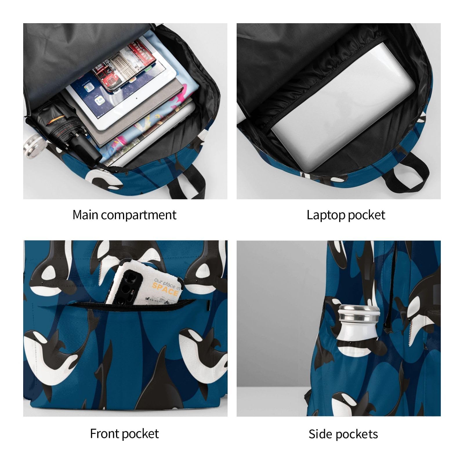 MZERSE Backpack for Men Women Backpack Compatible with Ocean Orca Killer Whale Outdoor Travel Daypack, Muiltifunction Bookbag Anti-Theft Laptop Bag Backpack Gym Bag with Soft Shoulder Strap