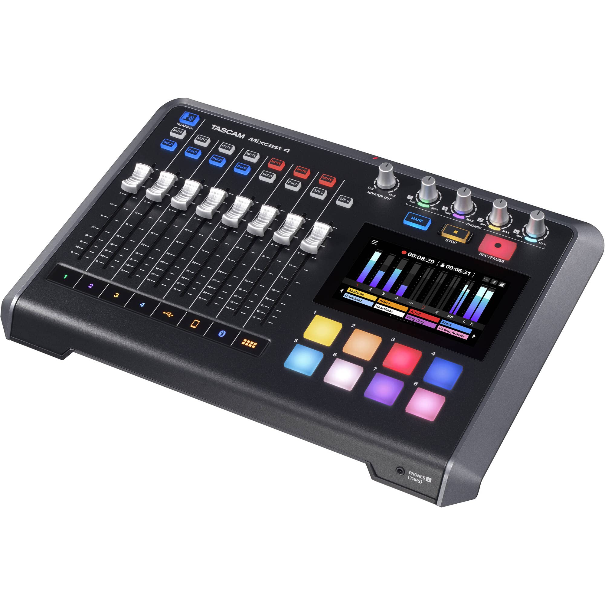 Tascam Mixcast 4 Podcast Mixer Built-in Recorder/USB Audio Interface Bundle with Tascam TH-02 Headphones, 64GB SDXC Memory, 2x 10-Foot TRS Cable, 2x 10-Foot XLR Cable, 4x Cable Tie, Microfiber Cloth