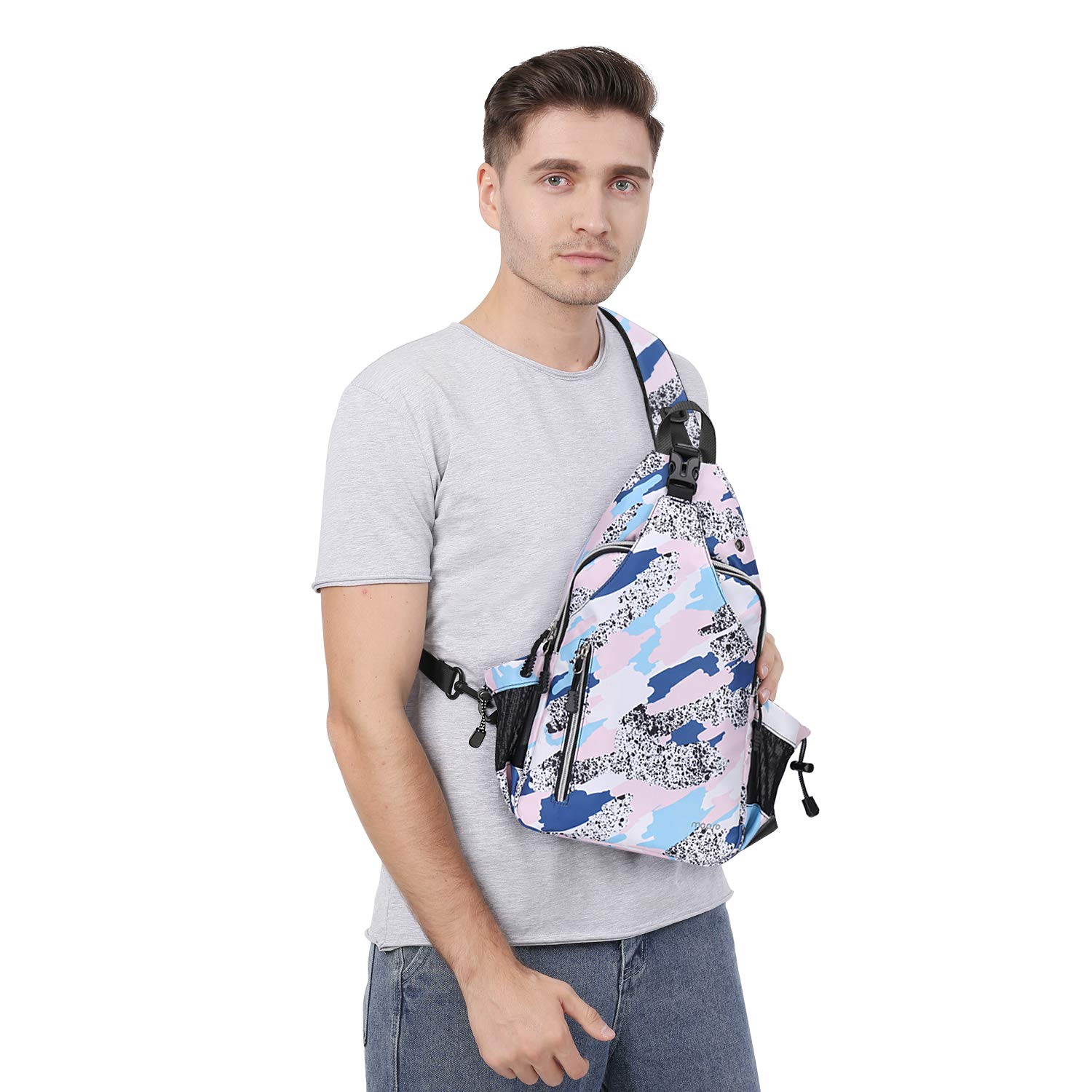 MOSISO Sling Backpack Hiking Daypack Double Layer Pattern Men/Women Chest Shoulder Bag, Pink & Blue Graffiti