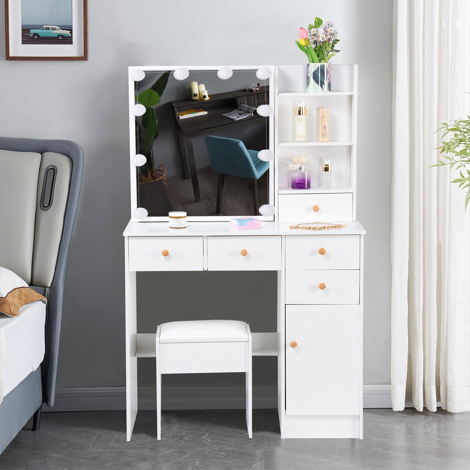 Logimiz Vanity Desk with Mirror and Lights-3 Colors and Brightness Adjustable, Girls Makeup Vanity with Hiding Shelves, White Vanity Set with Cabinets, Drawers and Cushioned Stool