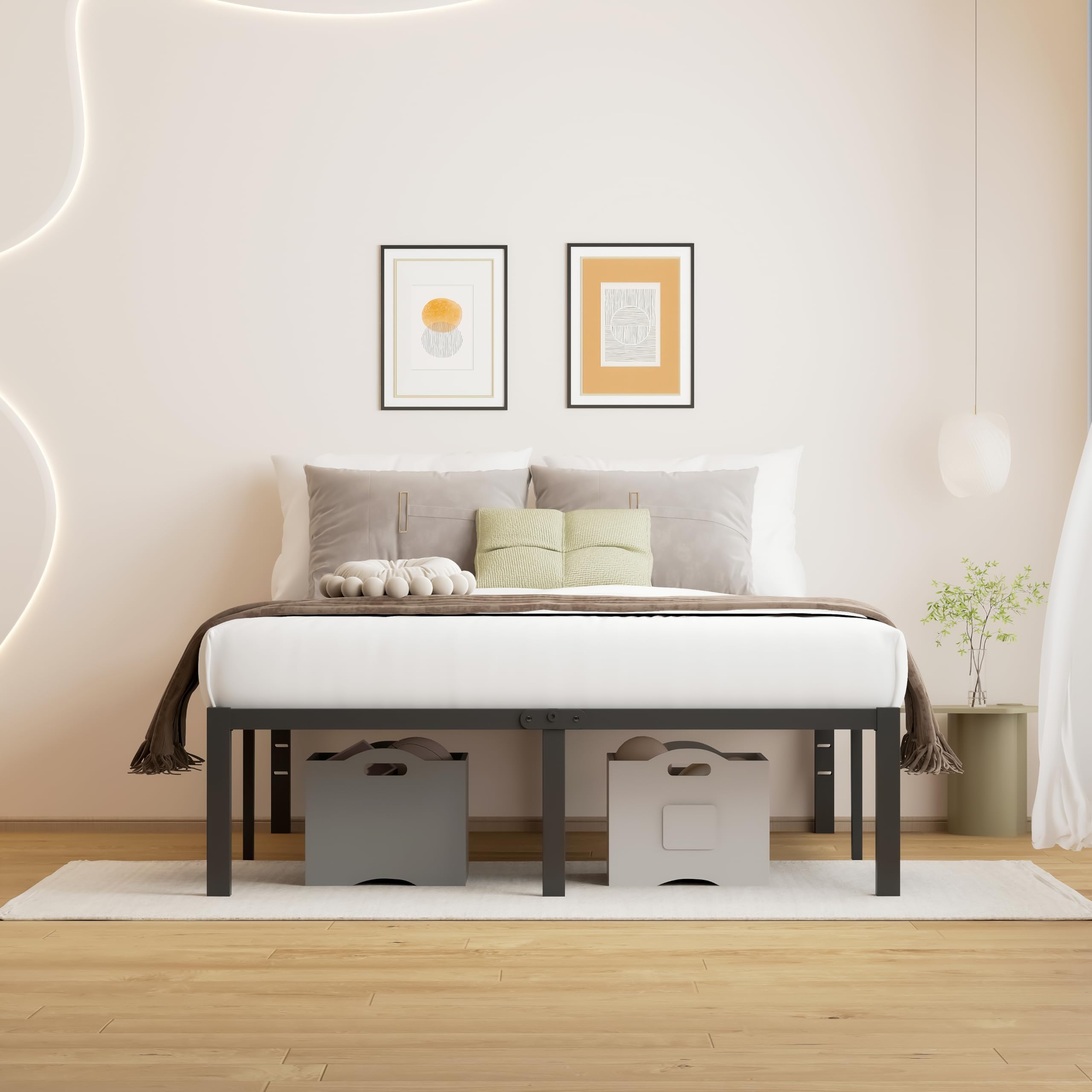 MAF Full Size Bed Frame 14 Inch Heavy Duty Metal Platform BedFrame with Black Steel Slat Support Noise Free Full-Bed-Frame, No Box Spring Needed