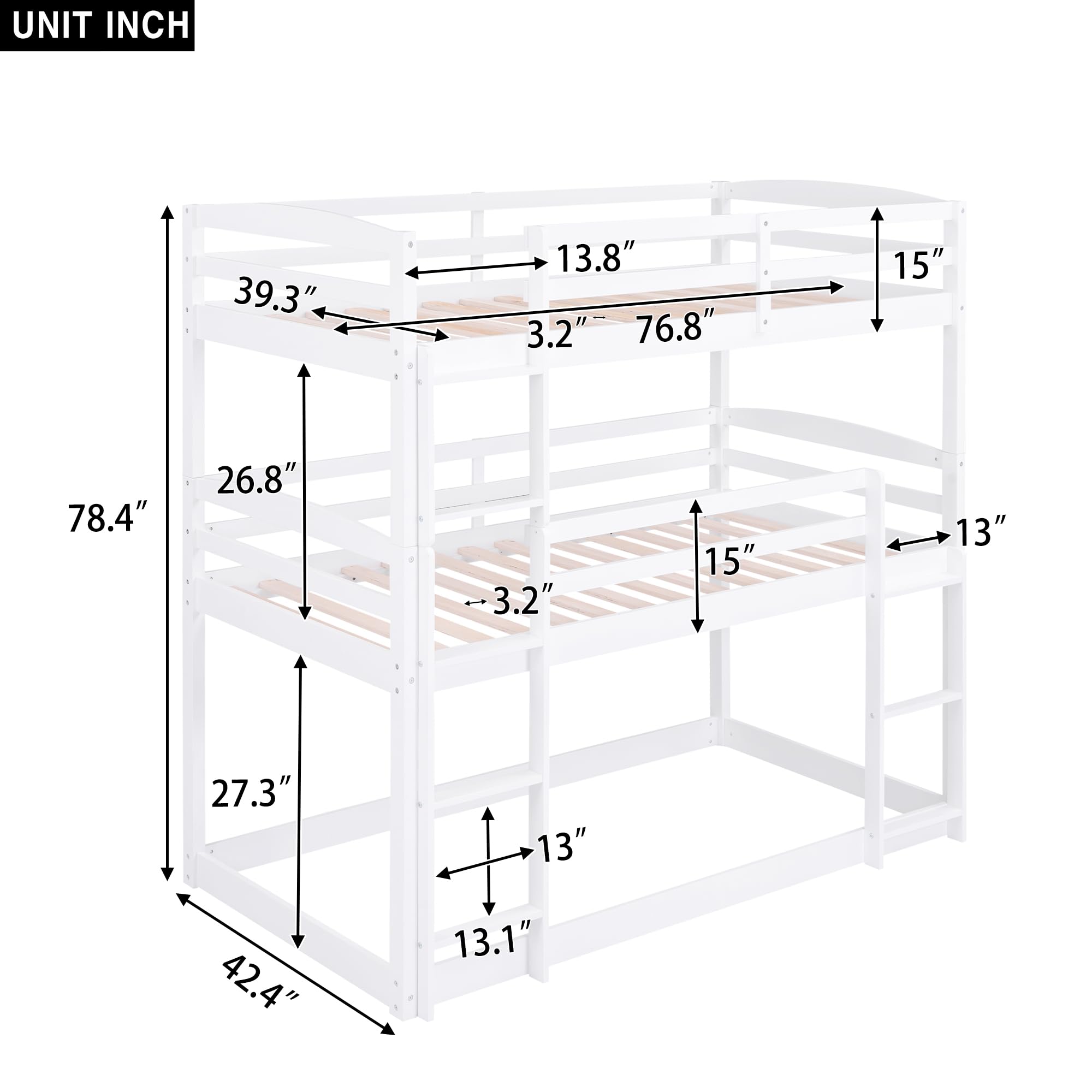 Merax Twin Triple Bunk Bed with Ladders, No Box Spring Needed,for Bedroom and Guestroom, Easily Convertible into One Twin Bed and One Twin over Twin Loft Bed, White