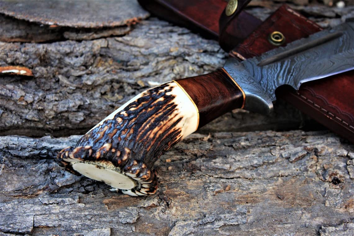 PSK132 - Damascus Steel Bowie Knife, Hunting knife, Viking knife, Stag Crown, Top Selling, Brown