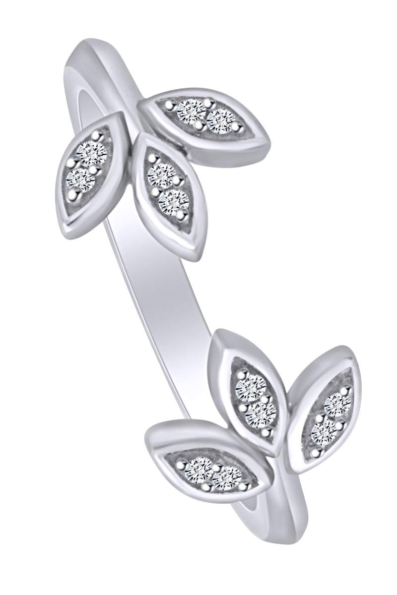 Natural Diamond Accent Open Leaf Wedding Band Ring in 14k White Gold Plated 925 Sterling Silver (0.05 Cttw, I-J Color, I2-I3 Clarity) Ring Size-7