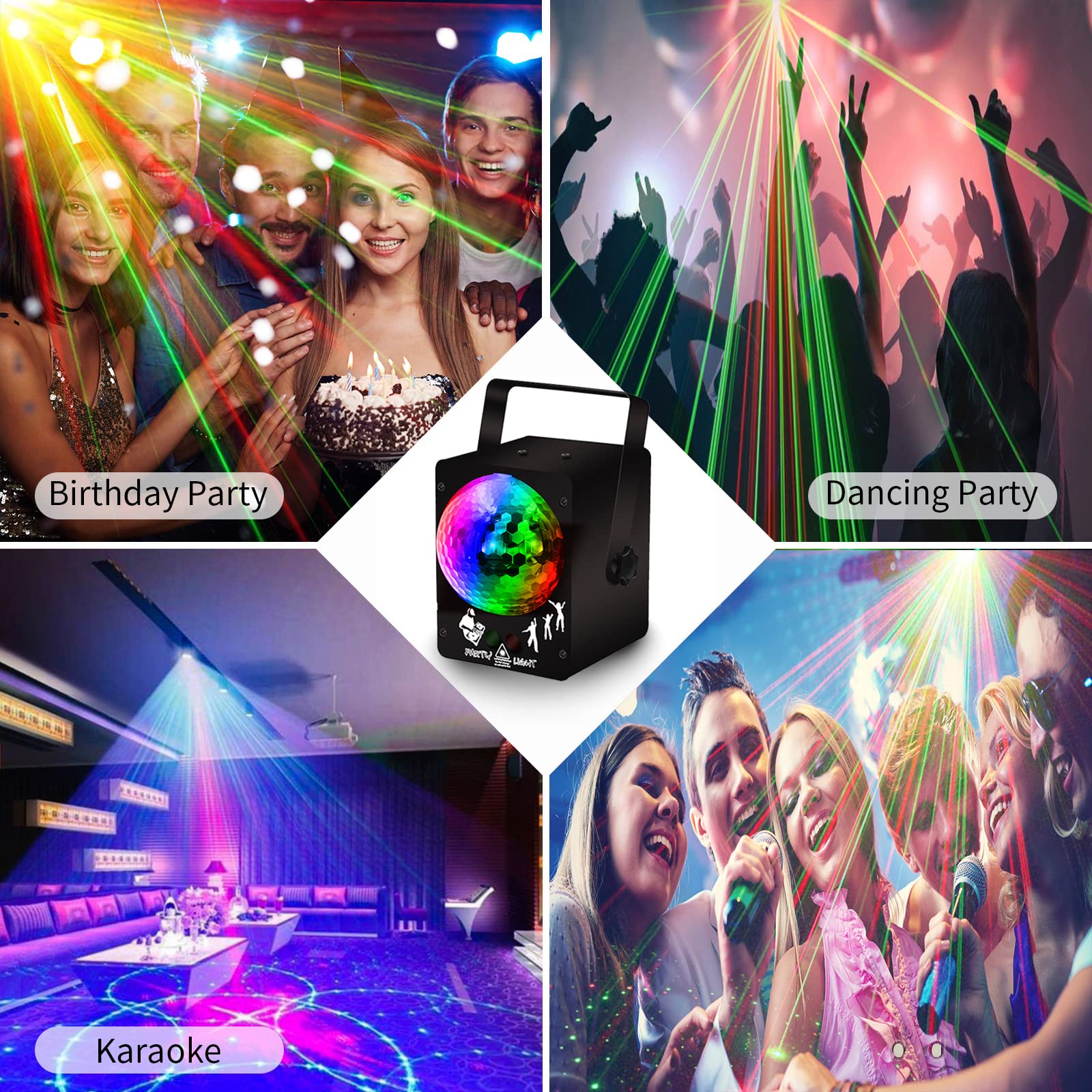 RGB Disco Ball+Party Light 2 in One Sound Activated DJ Disco Lights, Flasing Strobe Light with Remote Controller for Rave Parties Indoor&Outdoor, Holidays,Karaoke,Wedding