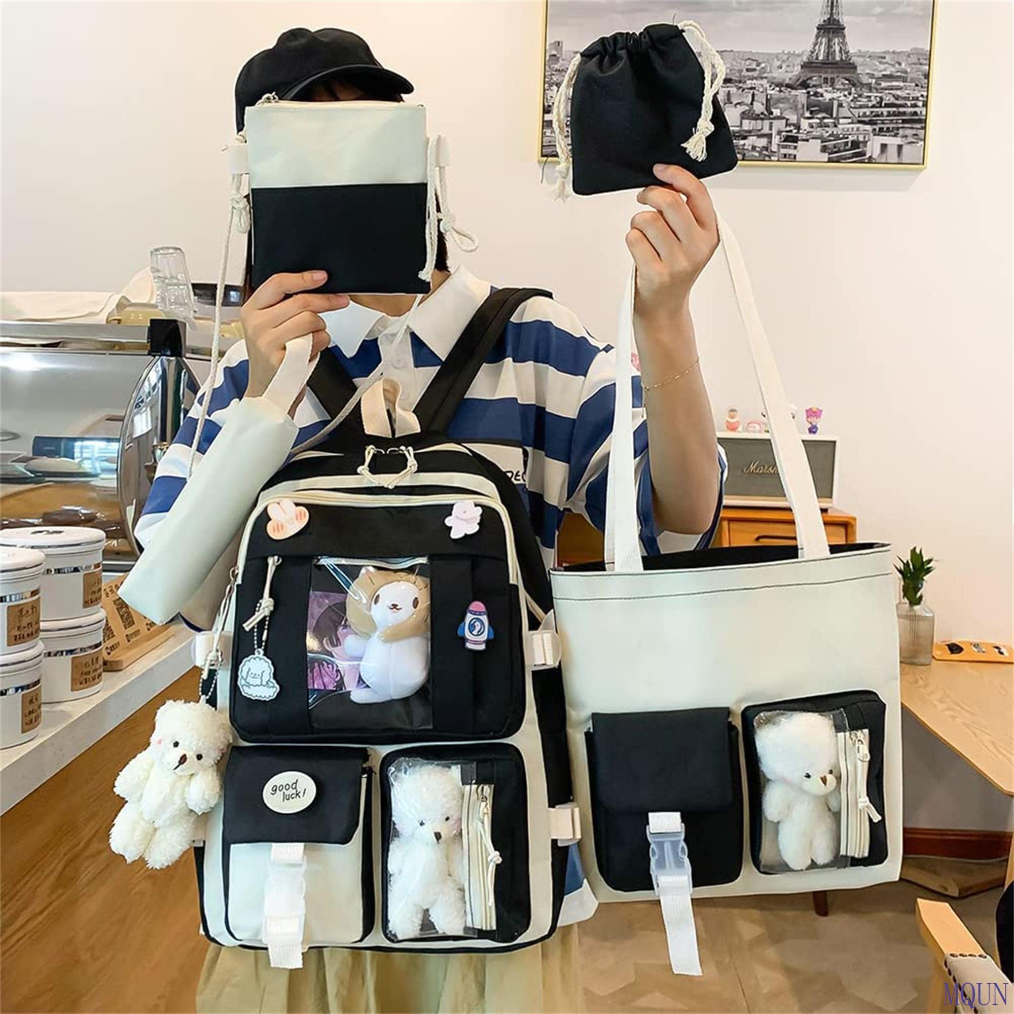 MQUN Kawaii Backpack 5 Pcs School Backpack Cute Aesthetic BackpackSet Aesthetic School Bags Cute Bookbag with Badge& Plush Pendan,Shoulder Bag,Pencil Box,Tote Bag,Small Bag