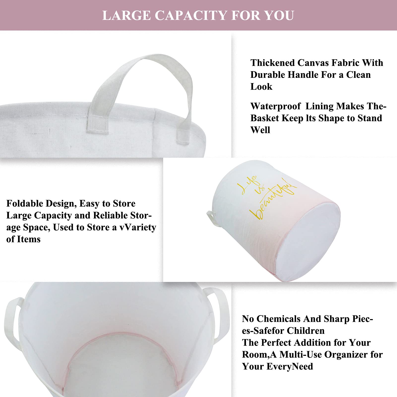 Mziart Storage Bins, 19.7" Large Storage Basket Canvas Nursery Hamper Collapsible Laundry Baskets Waterproof Organizer Basket with Gradient Design for Toys Clothes Kids Bedroom (Pink)