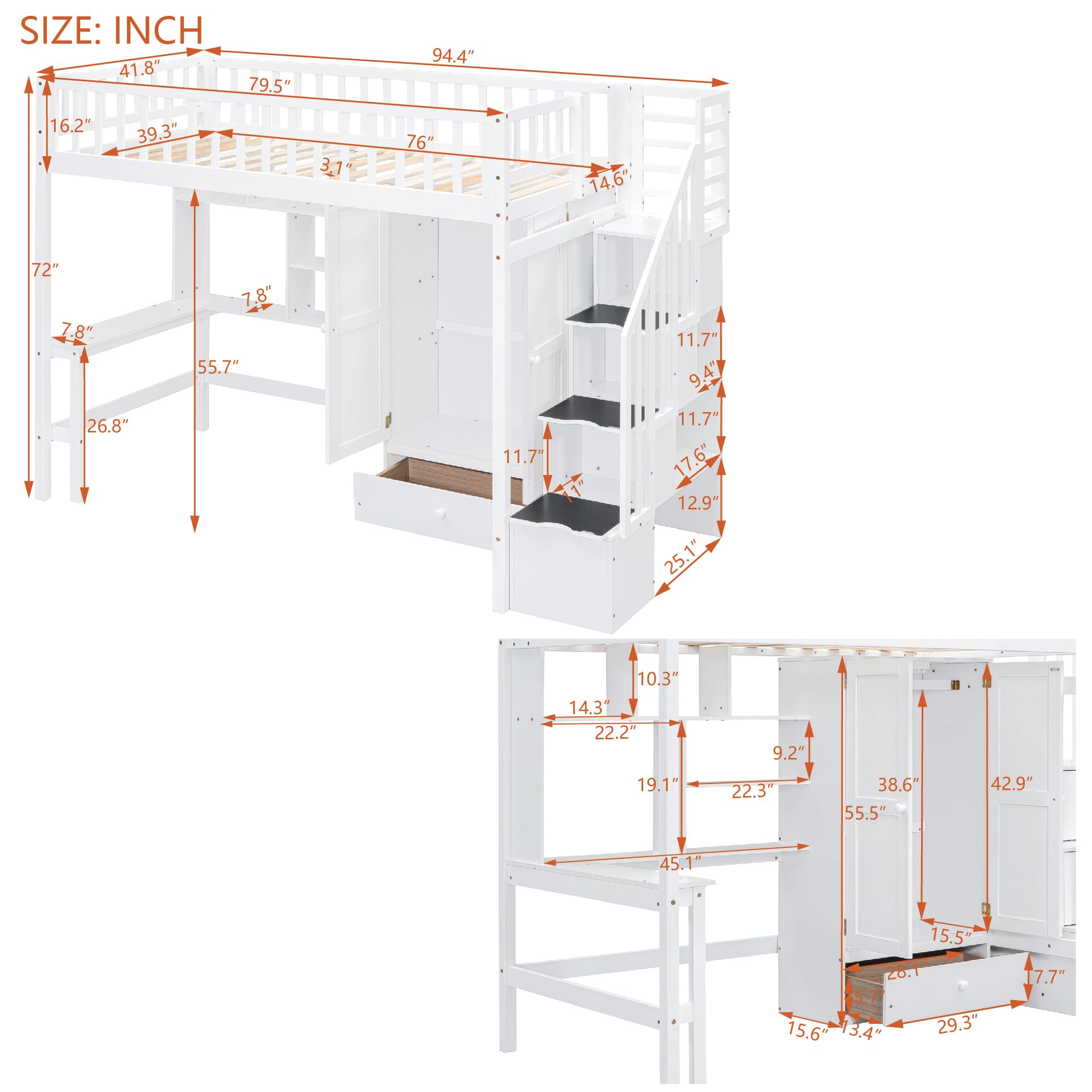 Merax Twin Loft Beds Stairway Loft Bed Frame with Wardrobe, Desk, Bookshelf and Drawers, White