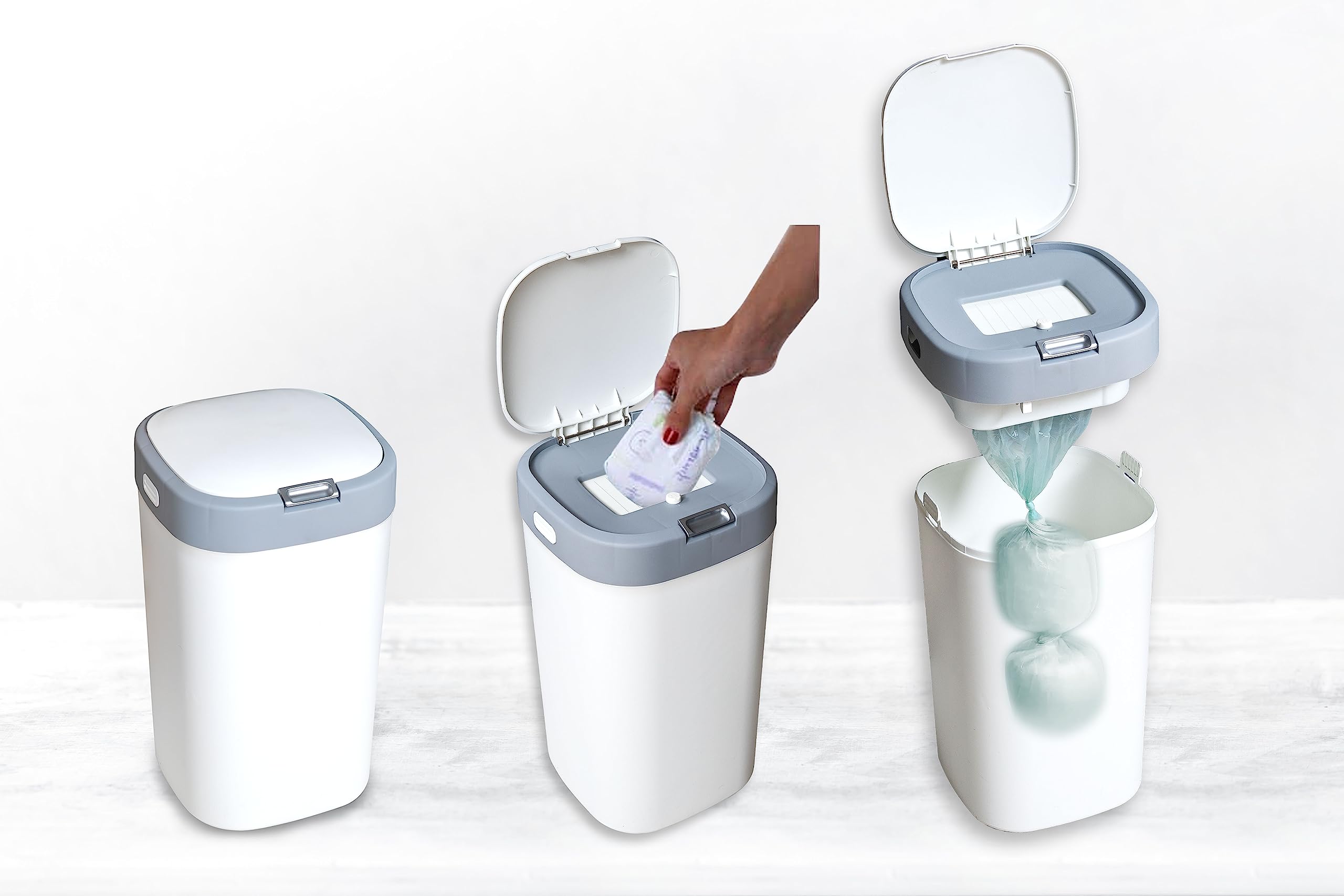 Mabel Home Hands Free Diaper Pail + Extra Cartridge, Easy to Use, Fast Bag Change, Refill System, Does not Absorb Odors, Hands Free, Nappy bin, 11"x11"x18" (White)