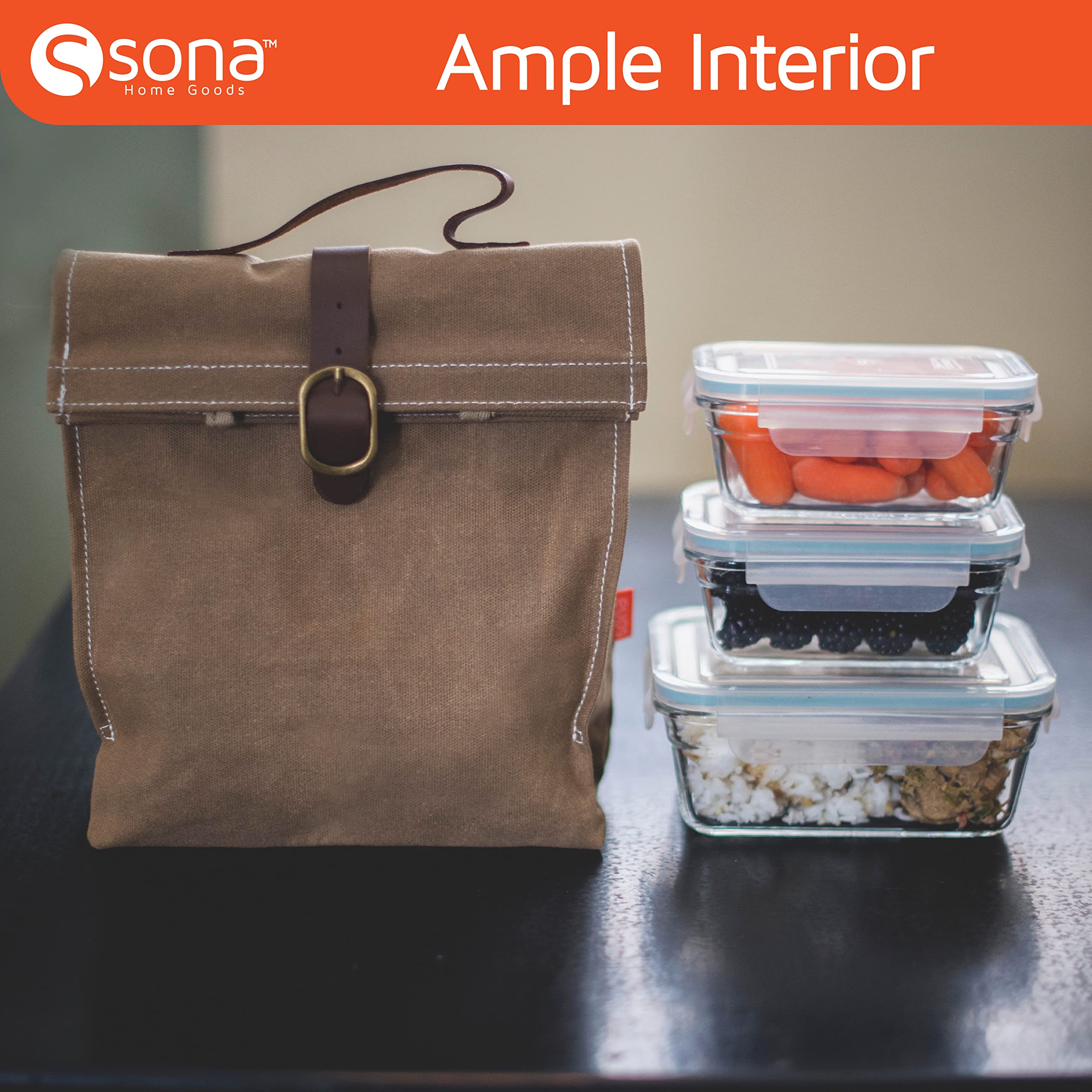 S SONA HOME GOODS Waxed canvas lunch bag, ecofriendly, reusable, brown, for women or men. The perfect large heavy duty lunch box for meal prep, work, or travel.