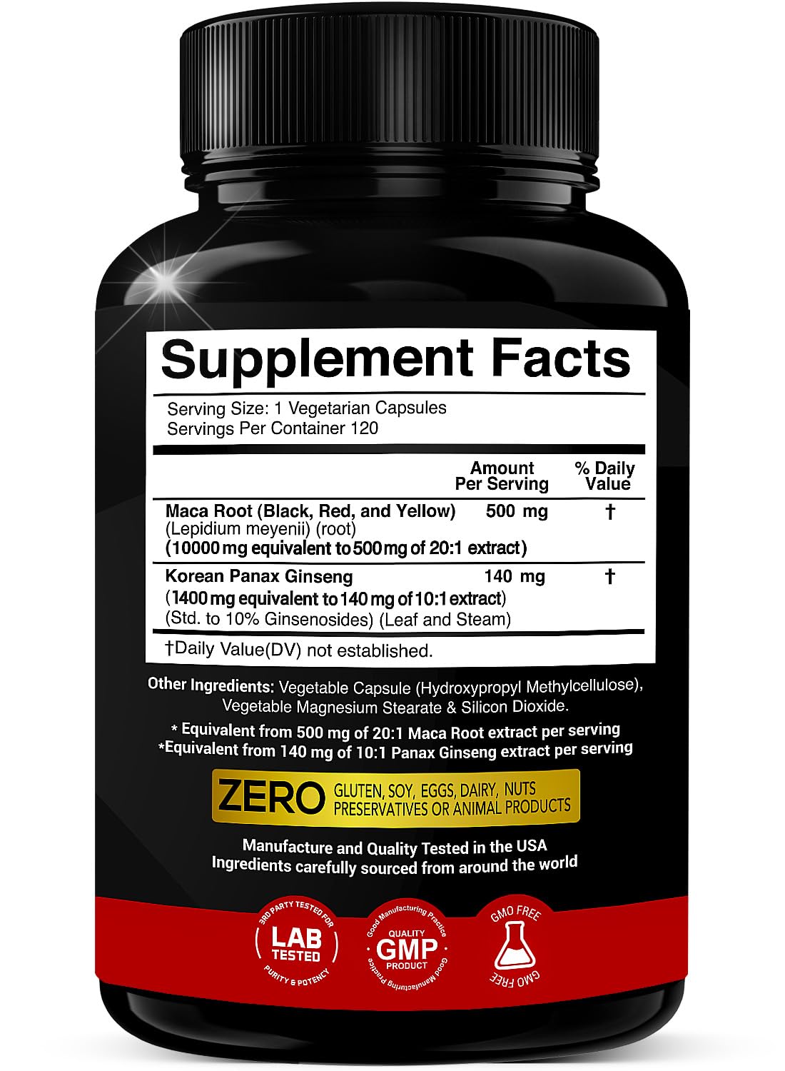 Maca Root Capsules 10,000mg + Korean Panax Ginseng 1,400mg - 20x Concentrated Extract Black + Red + Yellow Maca Root, 10x Concentrated Extract Panax Ginseng Capsules - Ultra Potent & Highly Purified