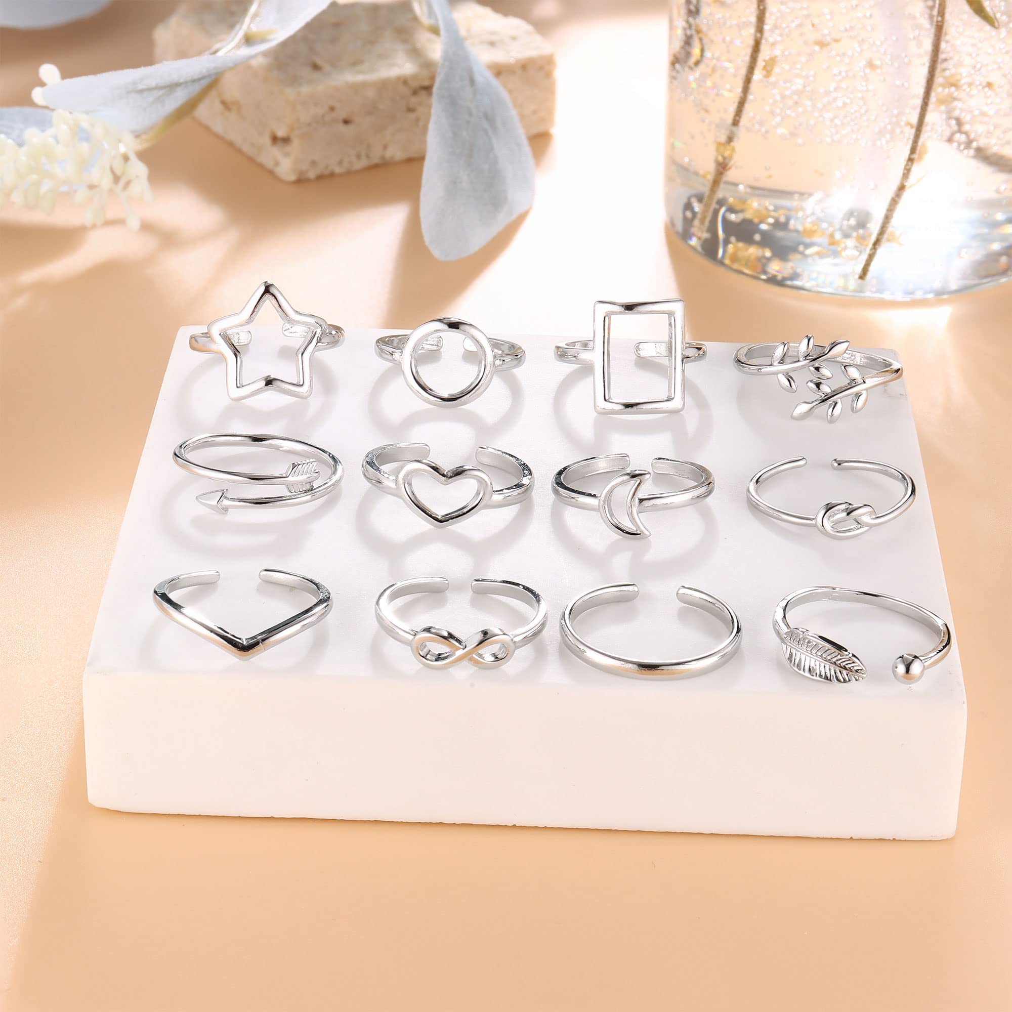 Sanfenly 12Pcs Adjustable Rings for Women, Knuckle Stacking Rings, Open Ring, Silver Gold Rose Gold Arrow Knot Wave Star Moon Circle Stackable Thumb Open Ring Set