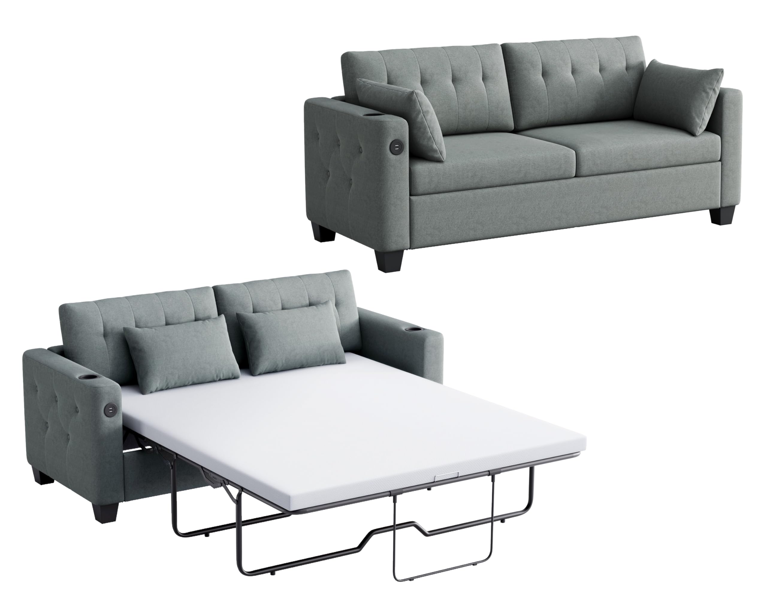 LINSY HOME Pull Out Sofa Bed, Queen Sleeper Sofa Couch with Solid Wood Bedframe and Memory Foam Mattress, 3 Seat Sofa for Home Office, Guest Room, Living Room, Queen, Dark Grey