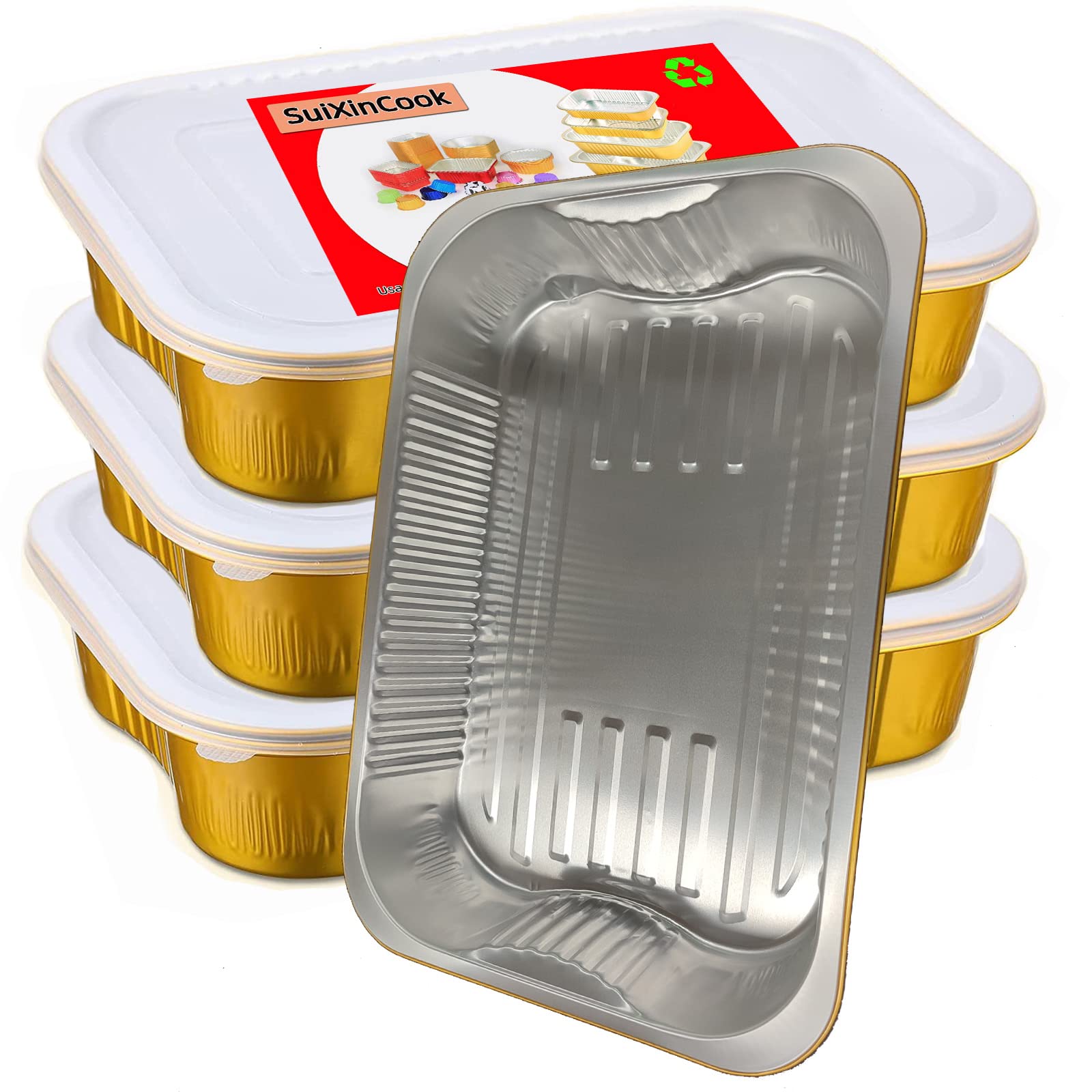 SuiXinCook Gold Aluminum Foil Baking Pan with lids Heavy Duty 9"×13"(10pack+10Lids), Double thickening, Disposable cake pans,Microwave oven safetyle. for Cooking,,Heating,Storage, BBQ