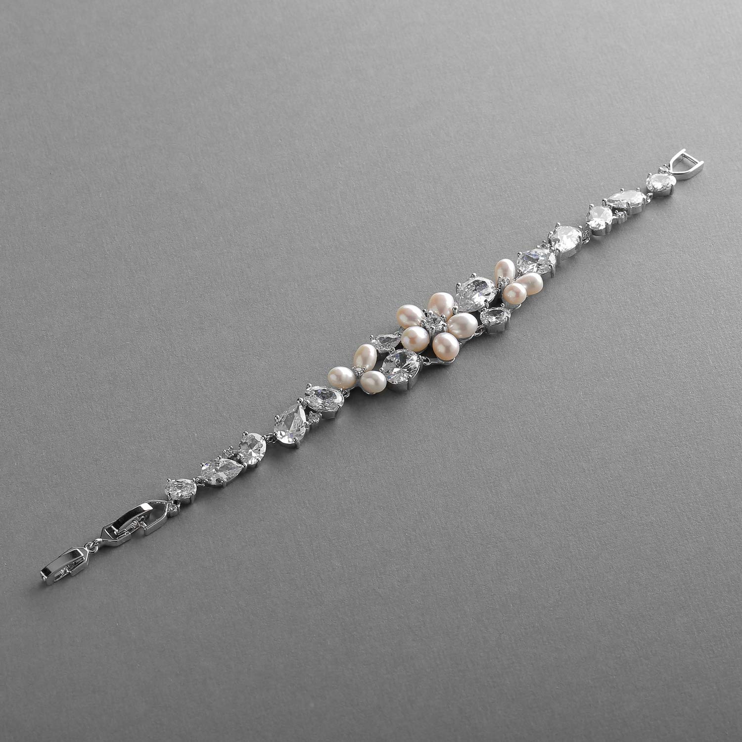 Mariell Cultured Freshwater Pearl Cubic Zirconia Crystal Bridal and Wedding Bracelet - Platinum Plated