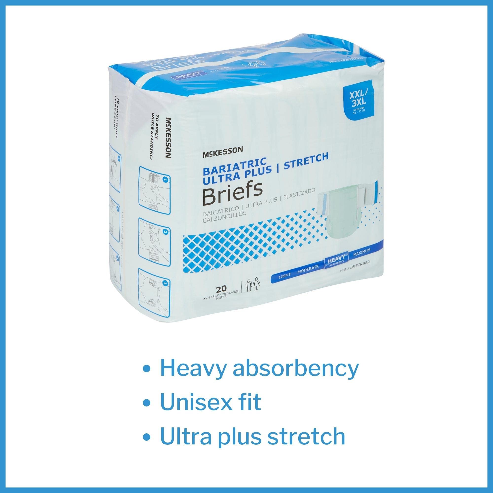 McKesson Bariatric Ultra Plus Stretch Briefs, Incontinence, Adult Unisex, Heavy Absorbency, 2XL / 3XL, 20 Count, 4 Packs, 80 Total